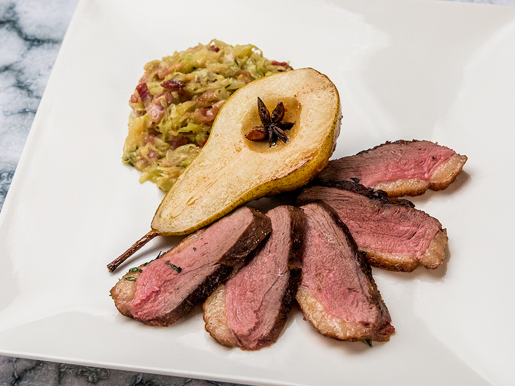Seared Duck Breast with Caramelized Pear and Cabbage - So Delicious